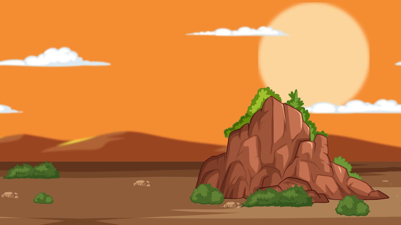 A vibrant animation of a sunset over a rocky terrain with dynamic ...
