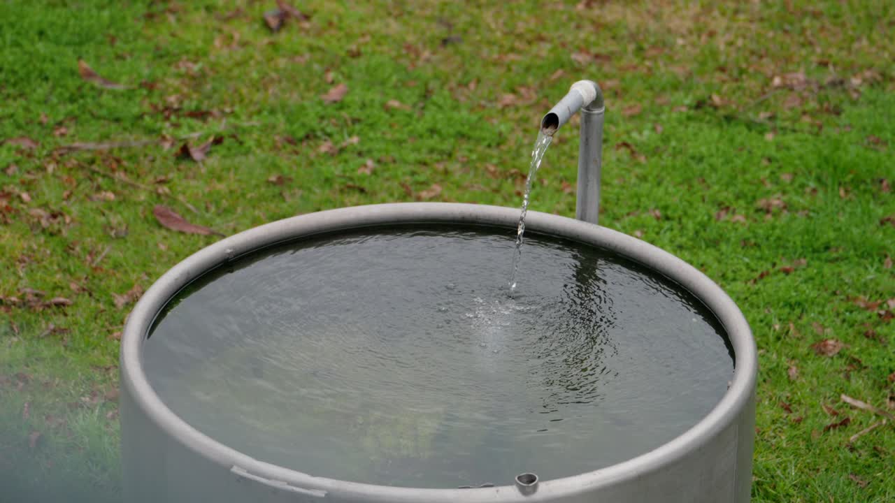 Water tank filling with a pipe on green grass in an outdoor setting ...