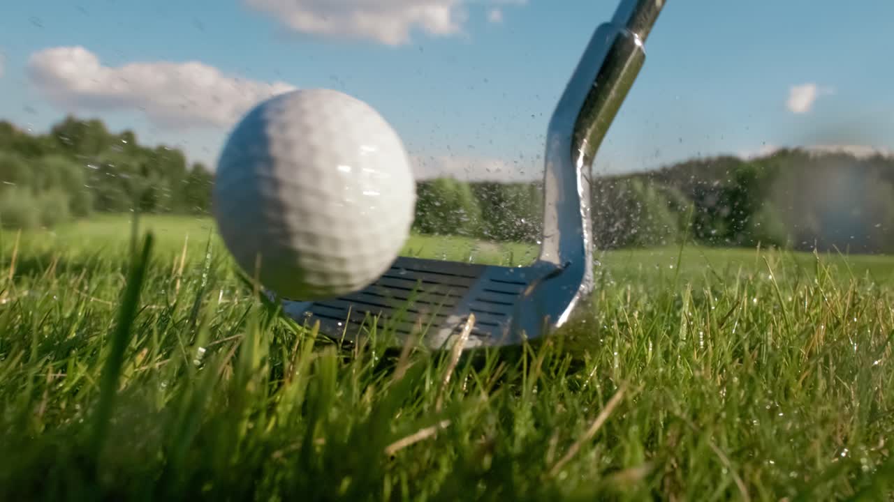 Golf club hits a golf ball in a super slow motion. drops of morning dew ...