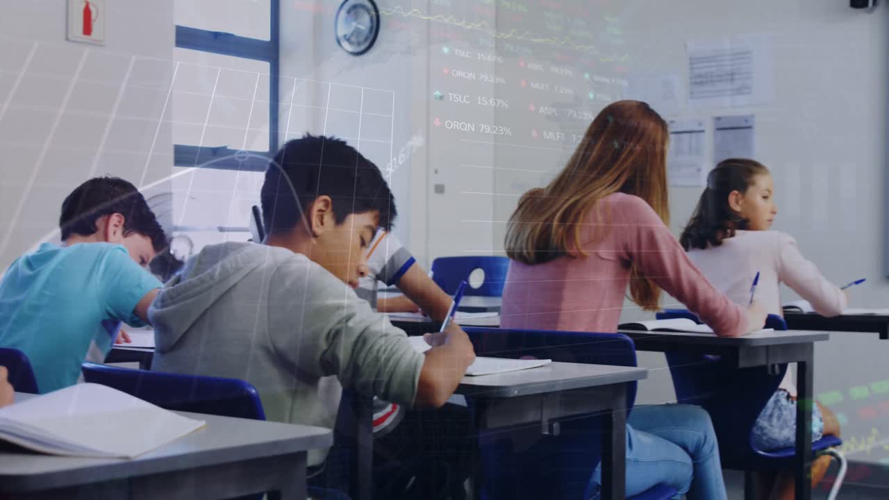 Animation Of Multiracial Students Writing Exam In Classroom Over Globe ...