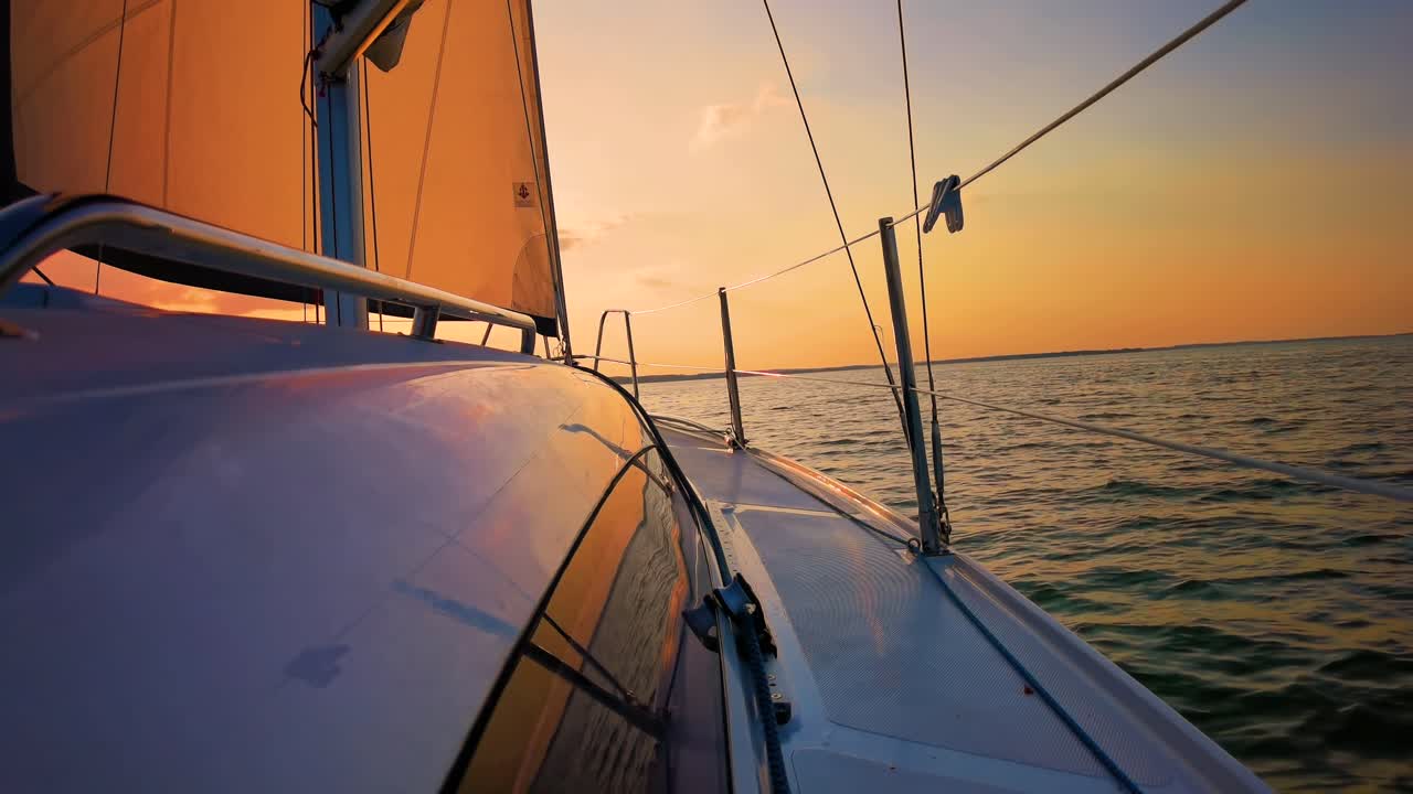 La proa delantera de un velero blanco con puesta de sol y fondo marino ...