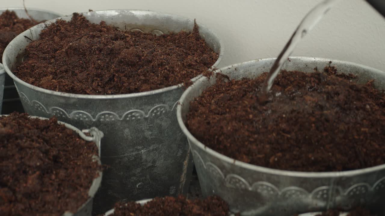 Premium stock video - The buckets filled with soil are being watered ...
