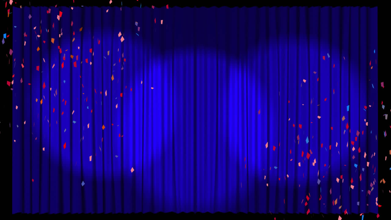 Premium stock video - Animation of multi coloured confetti falling over blue curtains