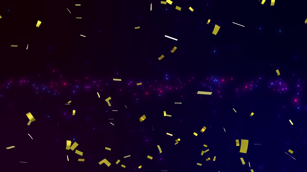Animation of confetti falling over glowing lights on black background ...
