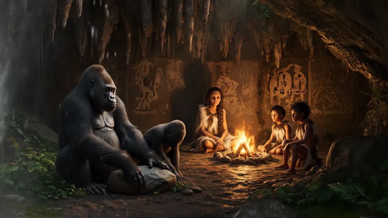 A prehistoric family of humans and gorillas around a campfire in a cave ...