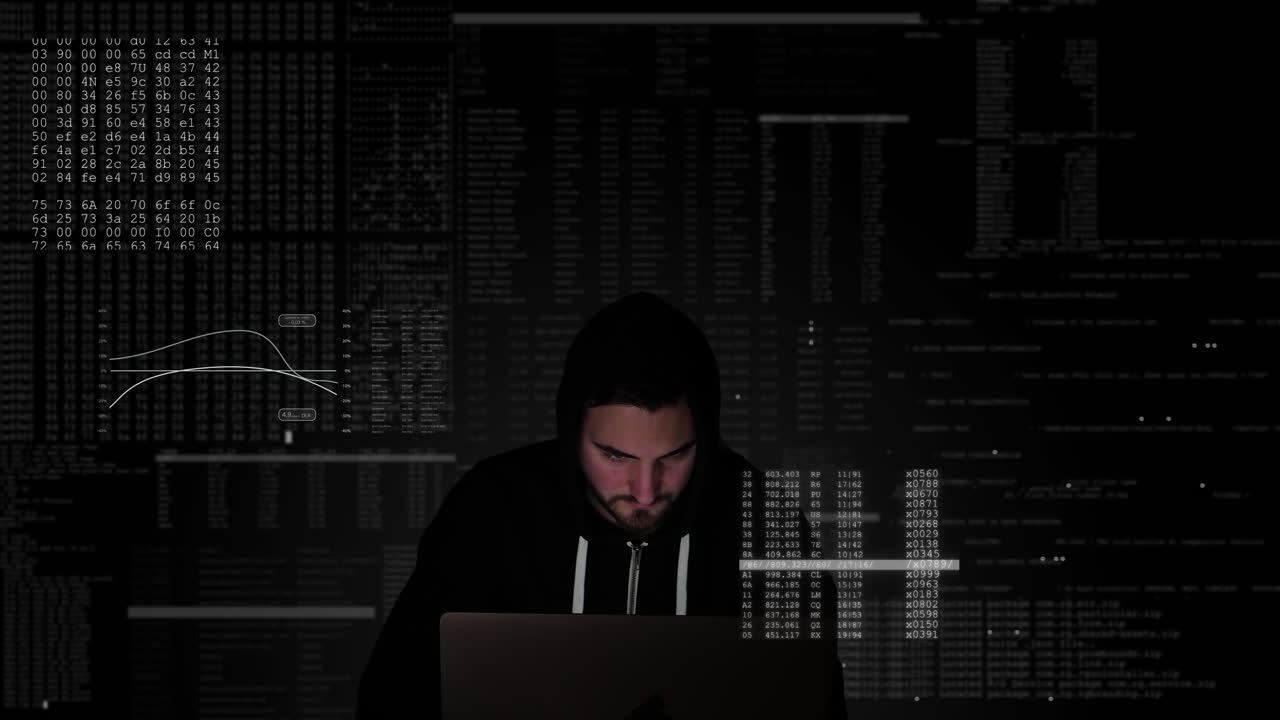 Black Hooded Hacker In Midst Of Computer Code Is Frantically Typing On ...