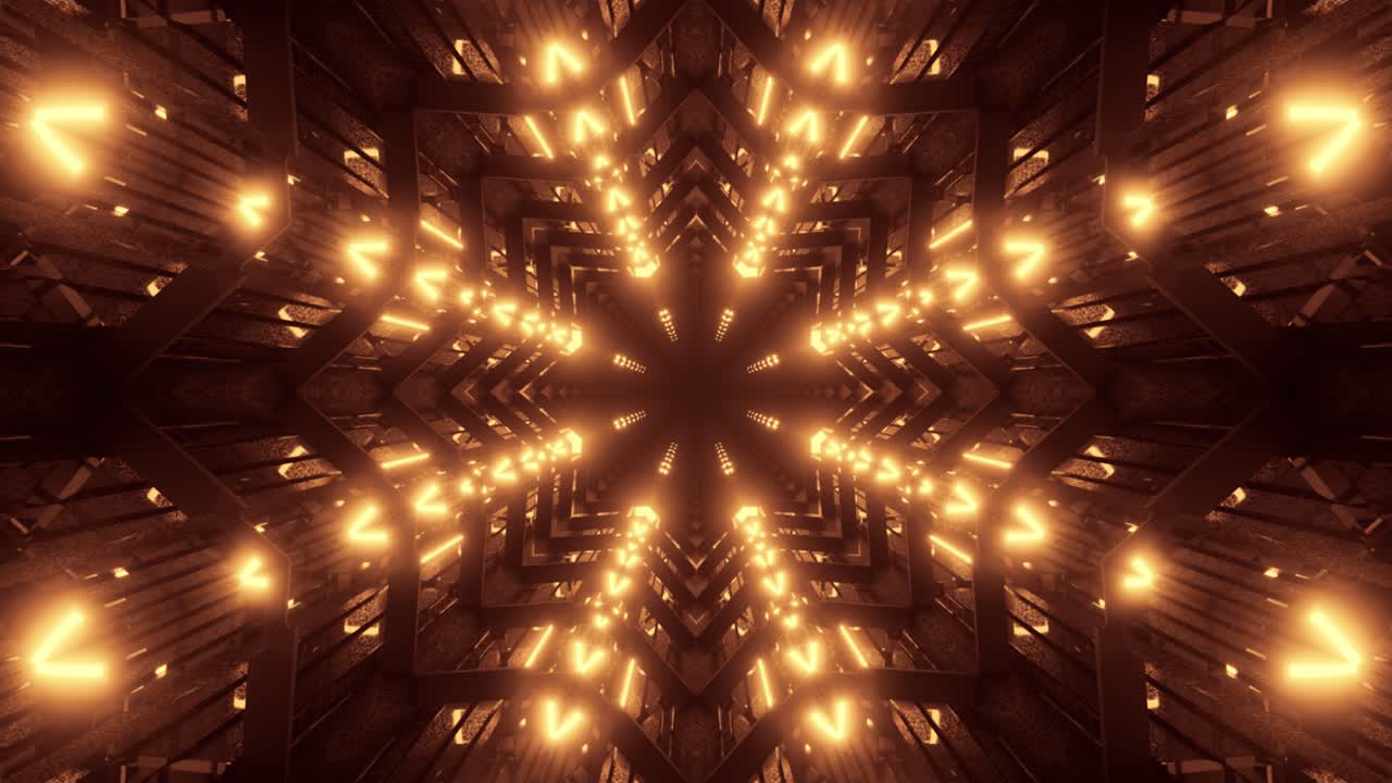 Tunnel motion a long a flower shaped shaft of golden light rays leading ...