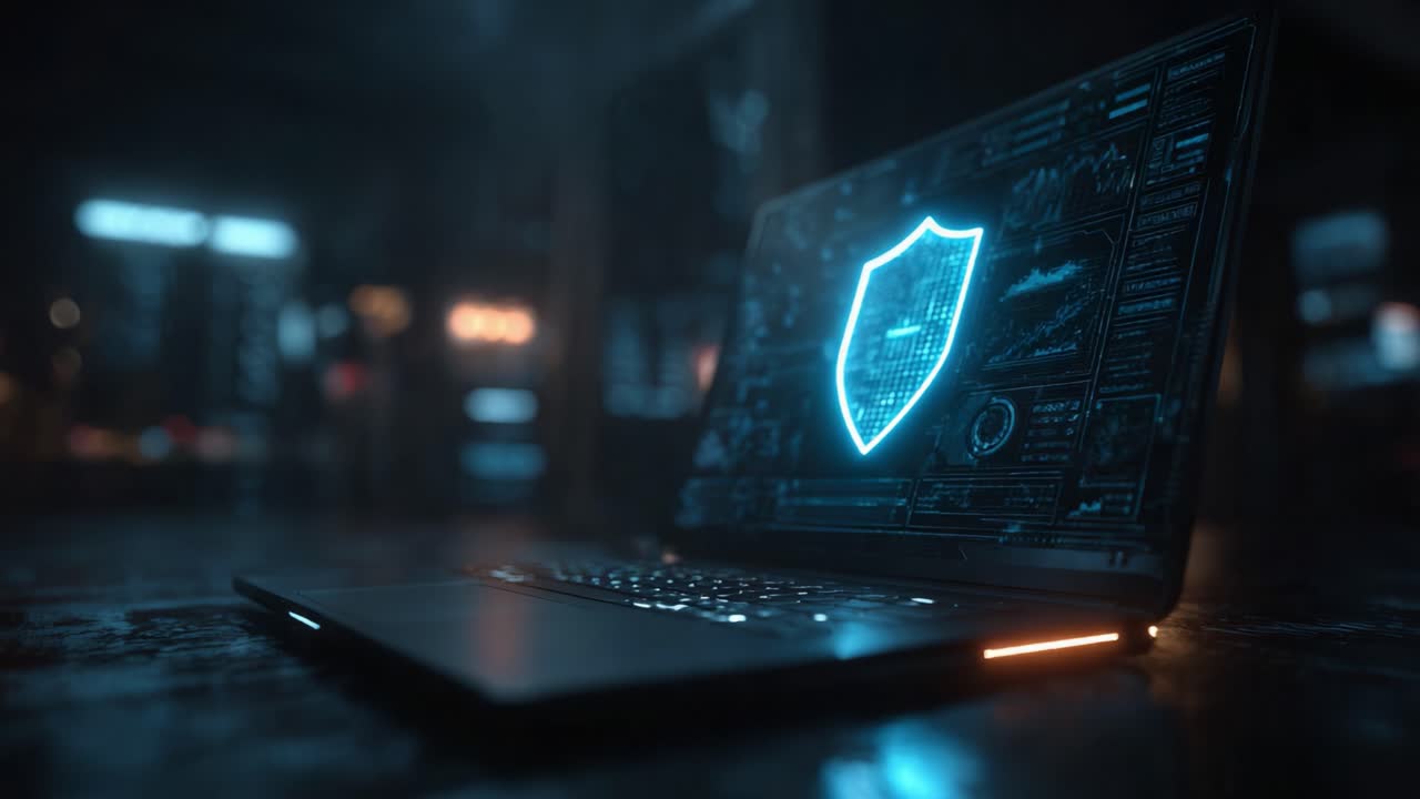 A Glowing Laptop Displaying a Cybersecurity Shield Icon, Representing ...