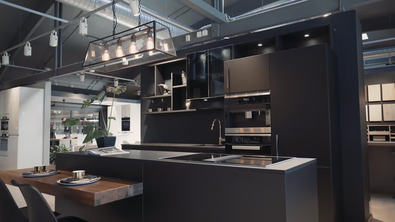Premium stock video - A dark kitchen showroom with gimbal shots