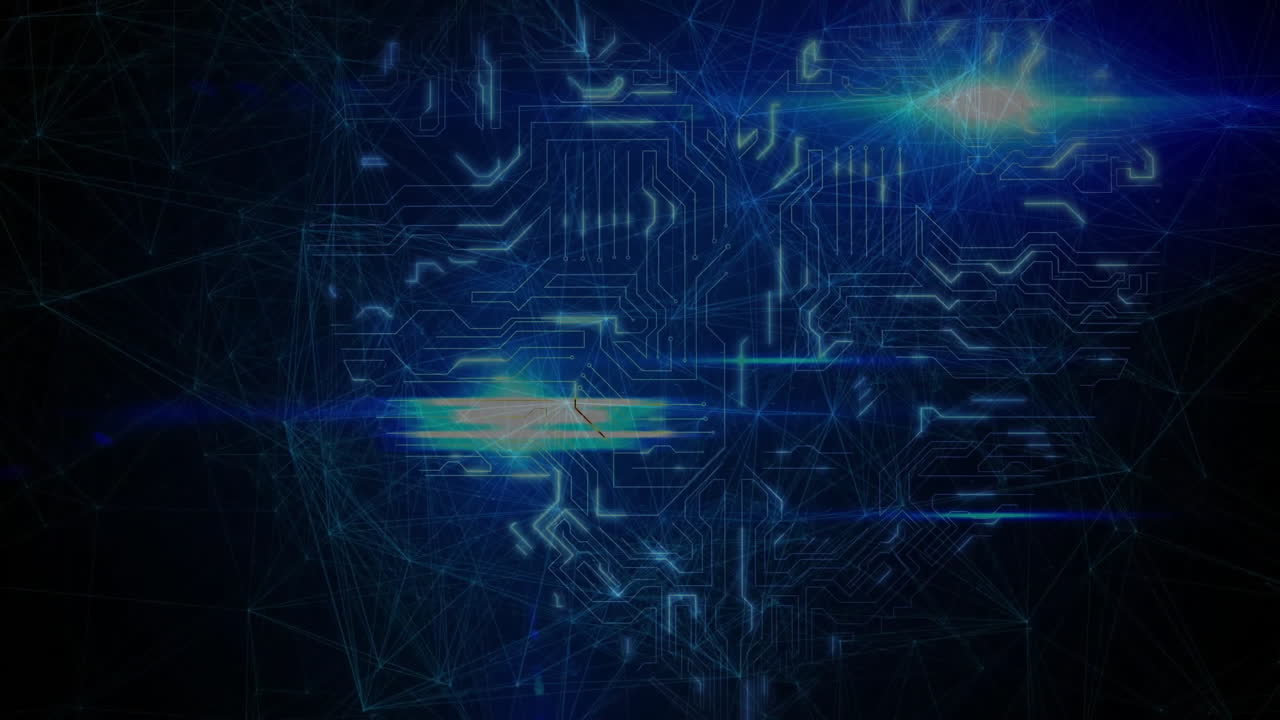 Circuit board and data flow animation over blue digital background ...