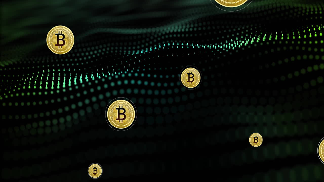 Premium stock video - Animation of bitcoin currency icons financial data processing over binary ...