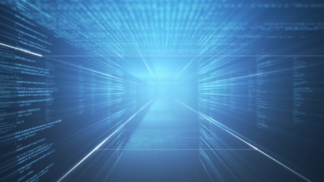 Animation of data processing over light trails on black background ...