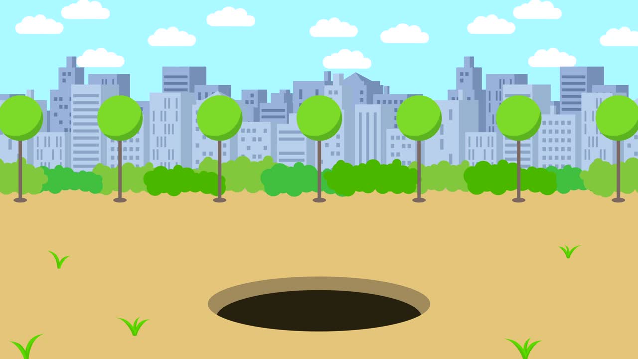 business woman fall into the hole. background of town. risk concept ...