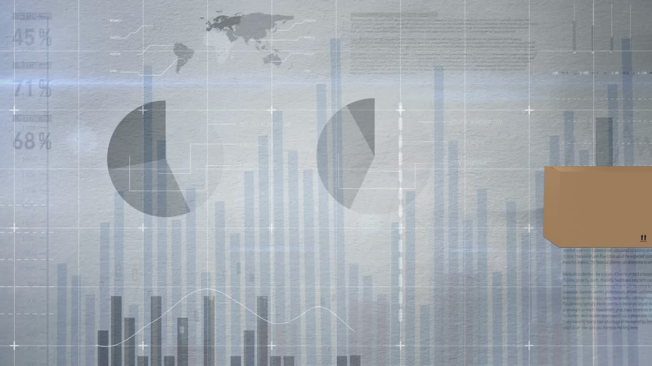 Animation of cardboard boxes with infographic interface and graphs over ...