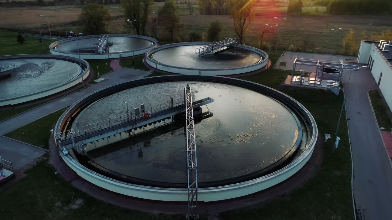 Aerial view of sewage treatment plant, camera moving along | Premium ...