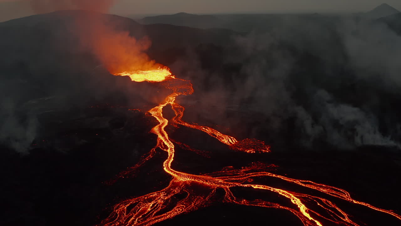 Amazing High Angle View Of Molten Lava Flowing Down On Ground. Active ...