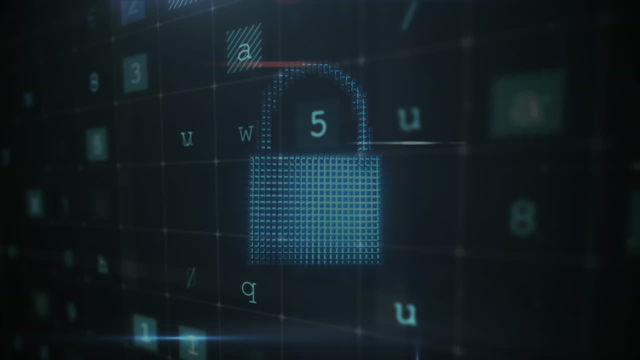 Animation of cyber security data processing over padlock, cloud and ...