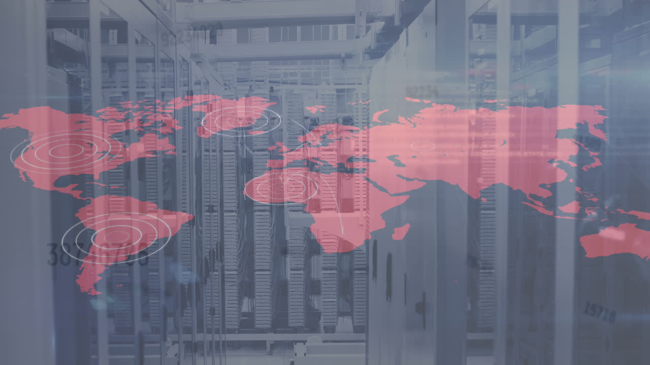 Multiple Changing Numbers Over World Map Against Empty Server Room Free Stock Video Footage ...