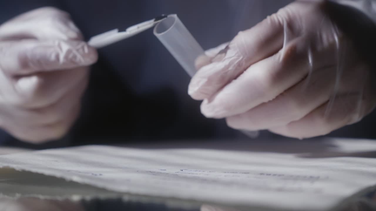 Premium stock video - A forensic detective's hands take a sample of ...