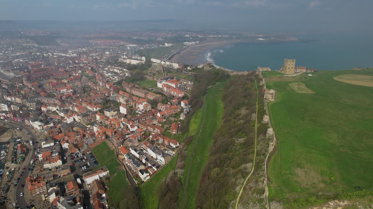 Aerial view Scarborough castle landmark ruins overlooking British ...