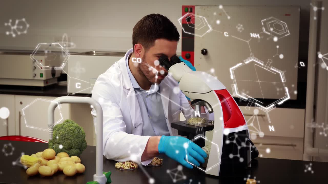 Animation Of Molecular Structure Moving Over Caucasian Male Scientist ...