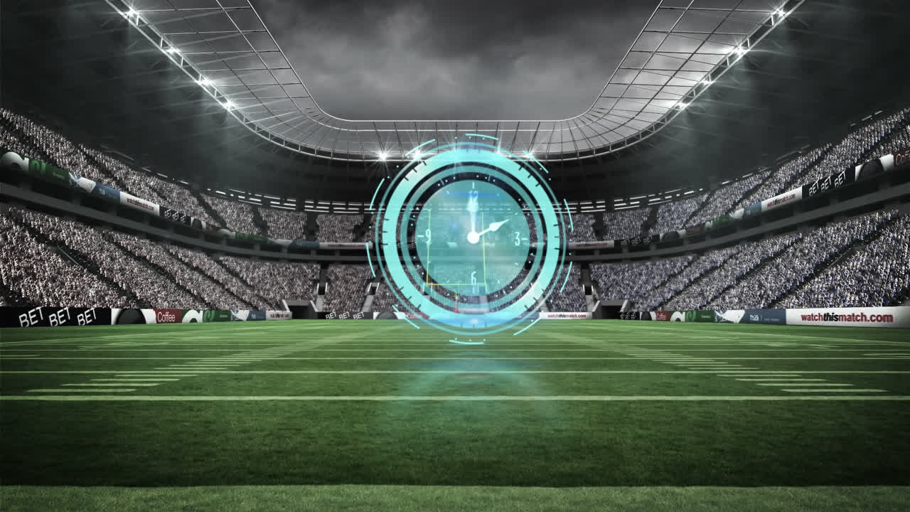 Premium stock video - Animation of digital clock over rugby stadium