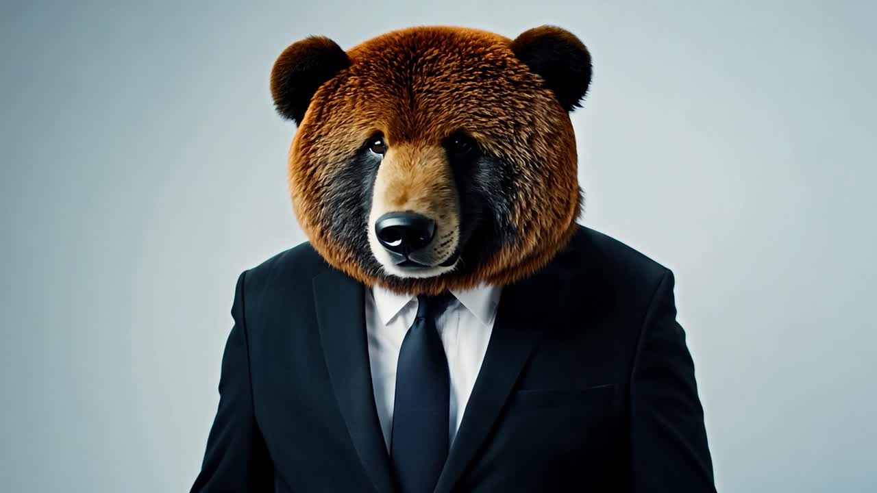 Premium stock video - A man with a bear head wearing a suit