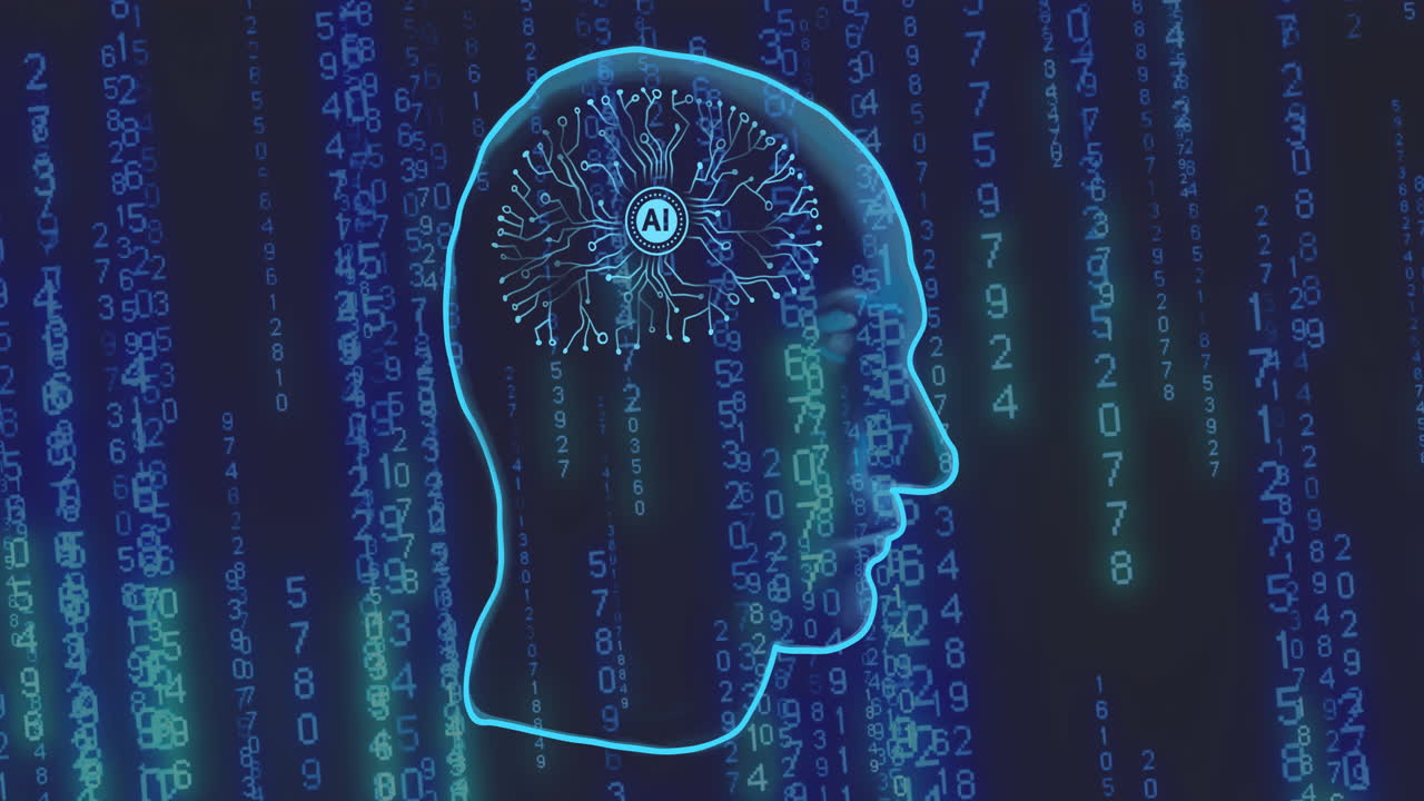 Premium Stock Video Animation Of Human Head And Ai Data Processing Over Binary Coding