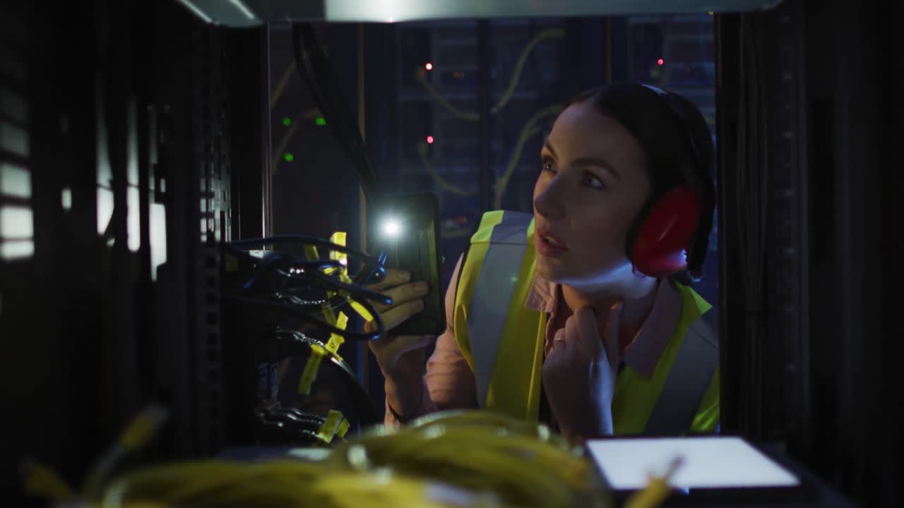 Caucasian Female It Technician Wearing Headphones And Using Torch ...