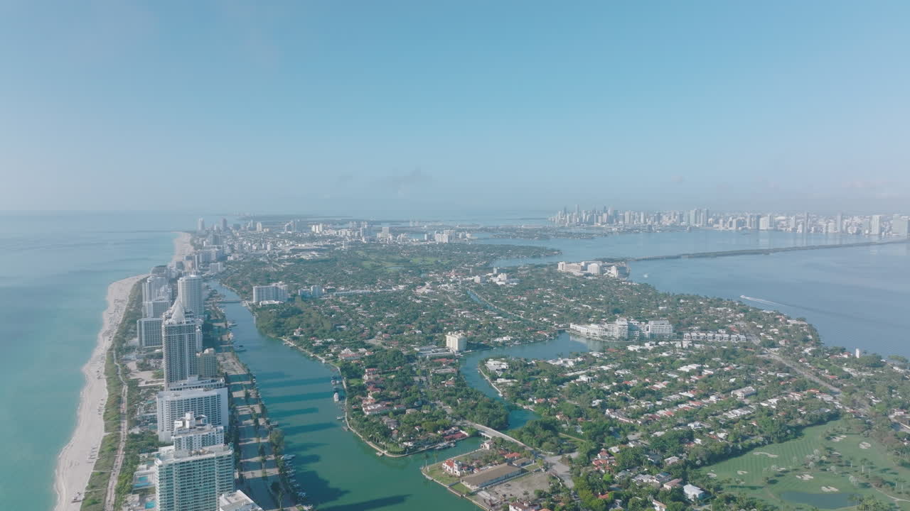 Aerial Panoramic Footage Of Large City On Sea Side. Downtown High Rise ...
