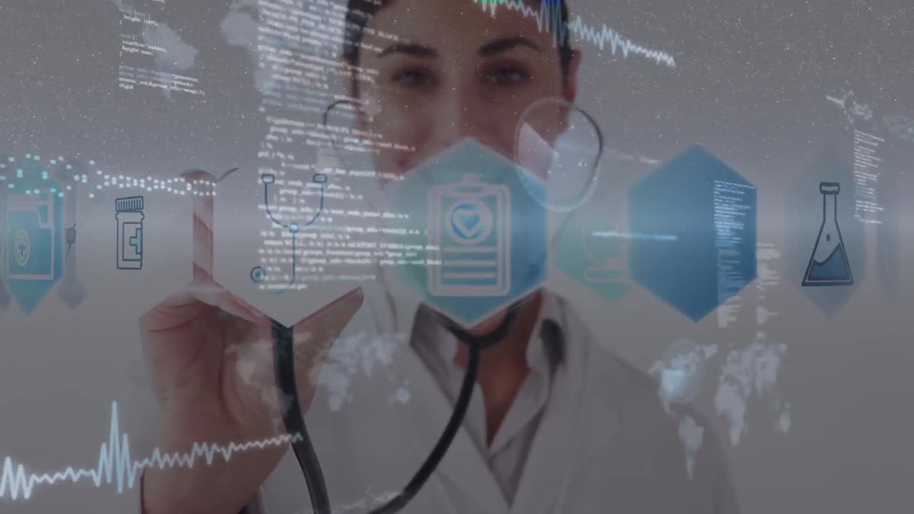 Animation of data processing and medical icons over caucasian female ...