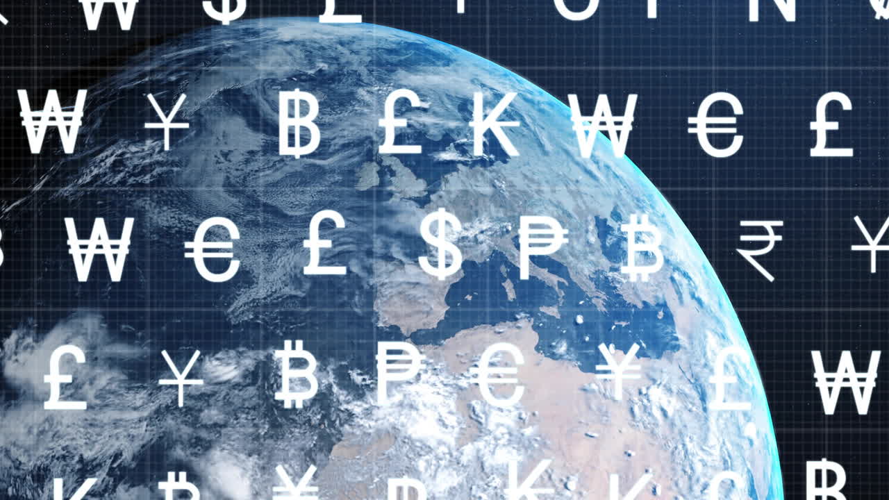 Premium stock video - Currency symbols animation over earth from space