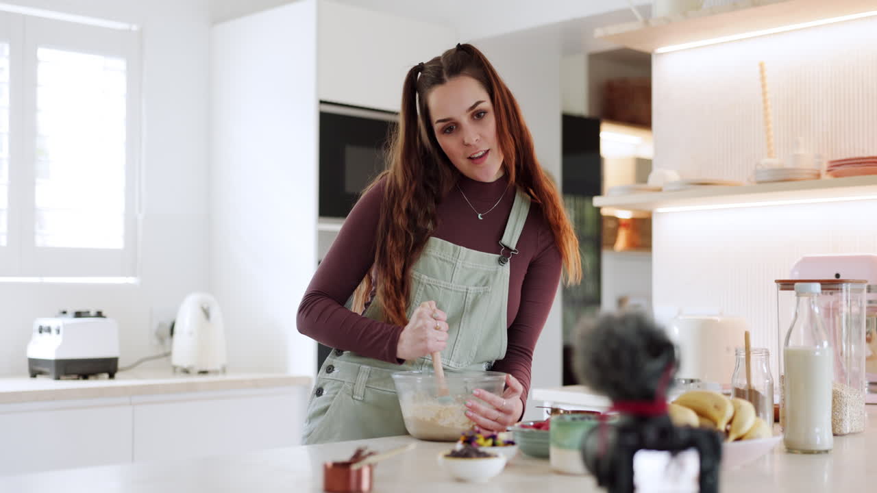 Premium stock video - Kitchen video camera, bake and woman talking