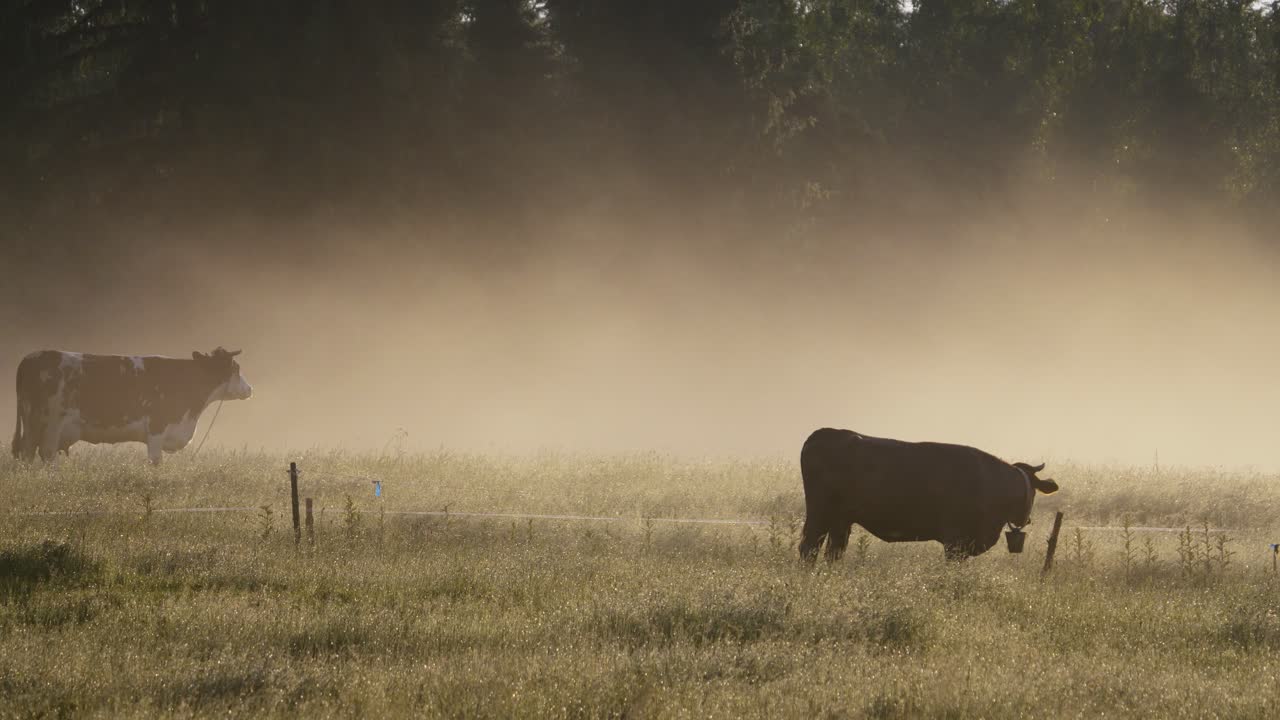 Cows in the pasture shrouded in the morning mist, sunlit by the rising ...