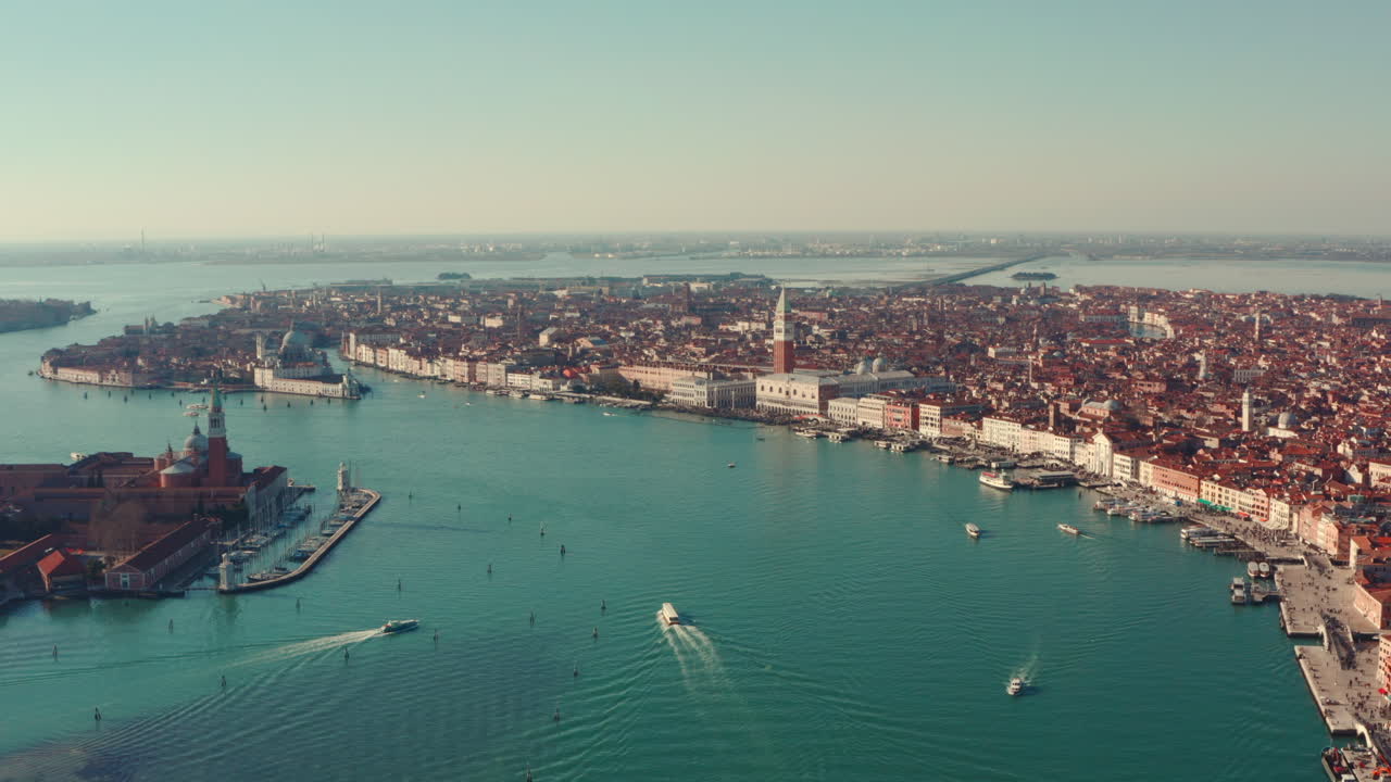 Dolly Forward Drone Shot Over The Lagoon Towards San Marco Square Tower ...