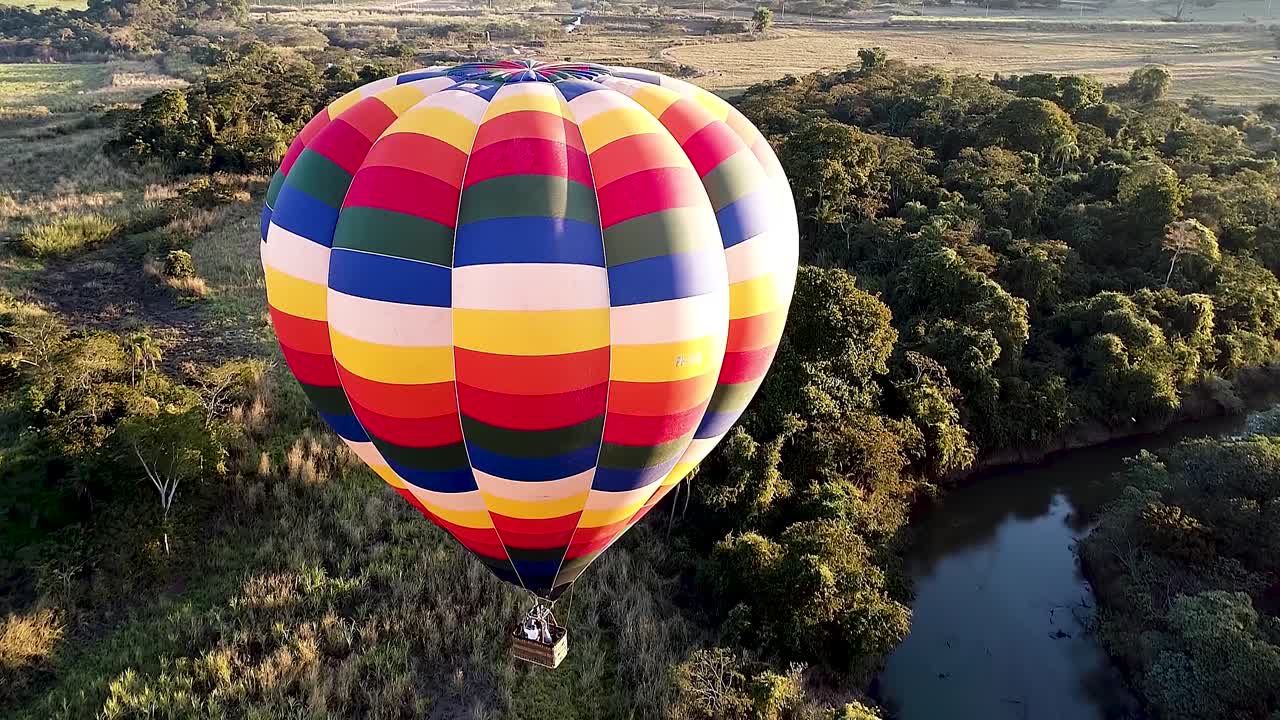 Panorama landscape of isolated hot air balloon at countryside scenery ...