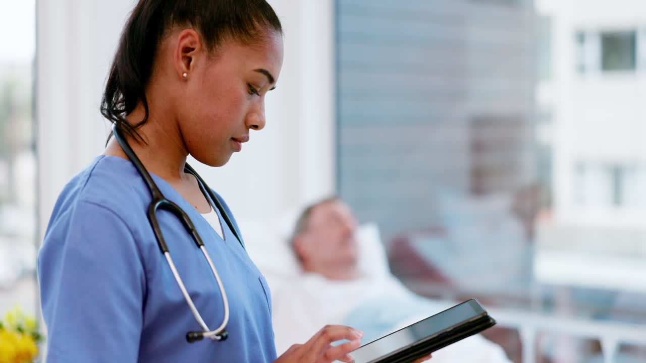 Premium stock video - Tablet, woman hands and nurse check at hospital