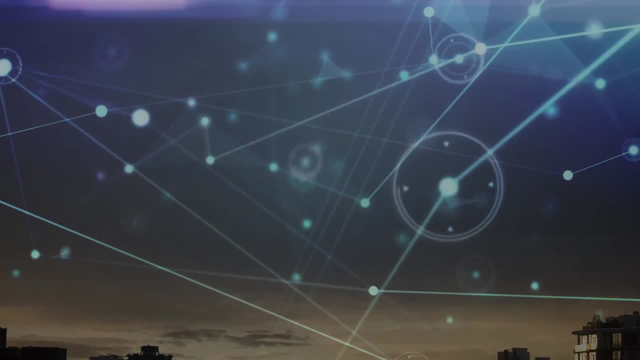 Animation Of Dots Interconnecting With Lines Over Cityscapes And Skyscape In Background Free ...