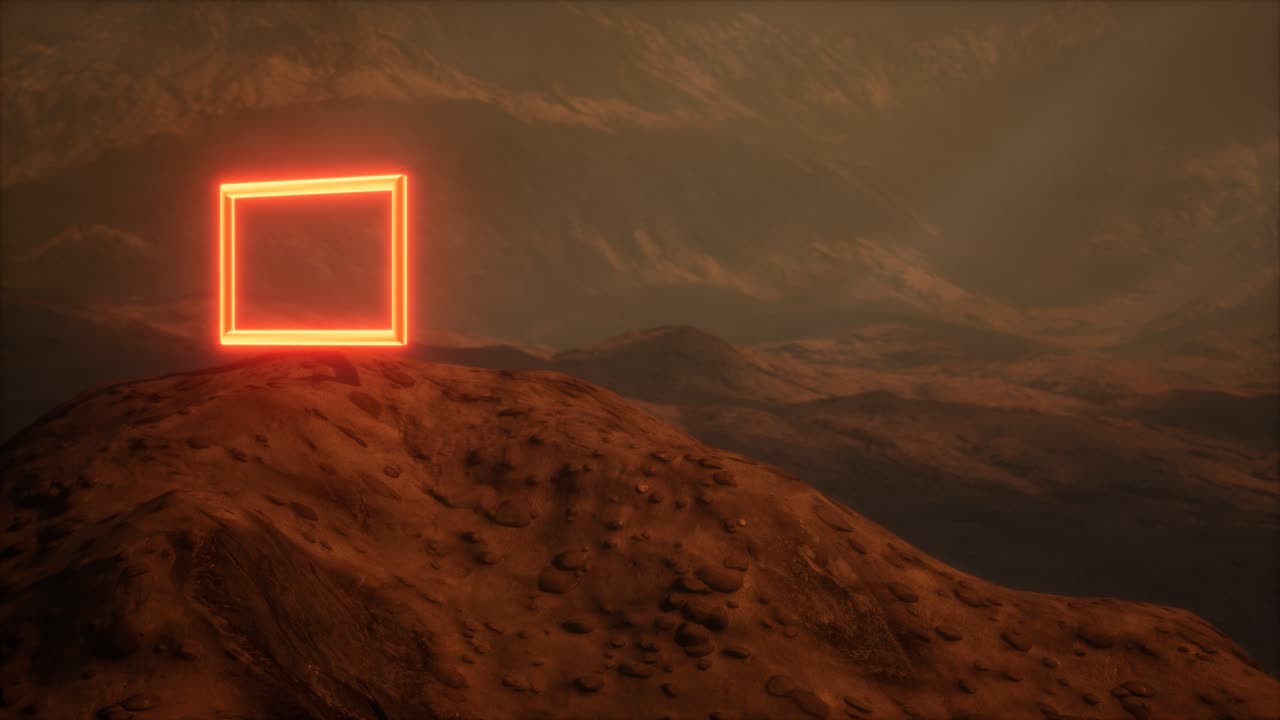 Premium stock video - Neon portal on mars planet surface with dust blowing