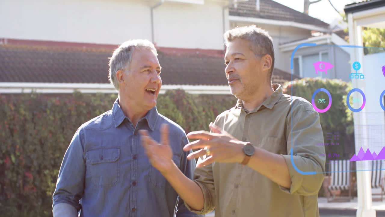 Two men talking poolside, talk starting AR charts, rings and data ...