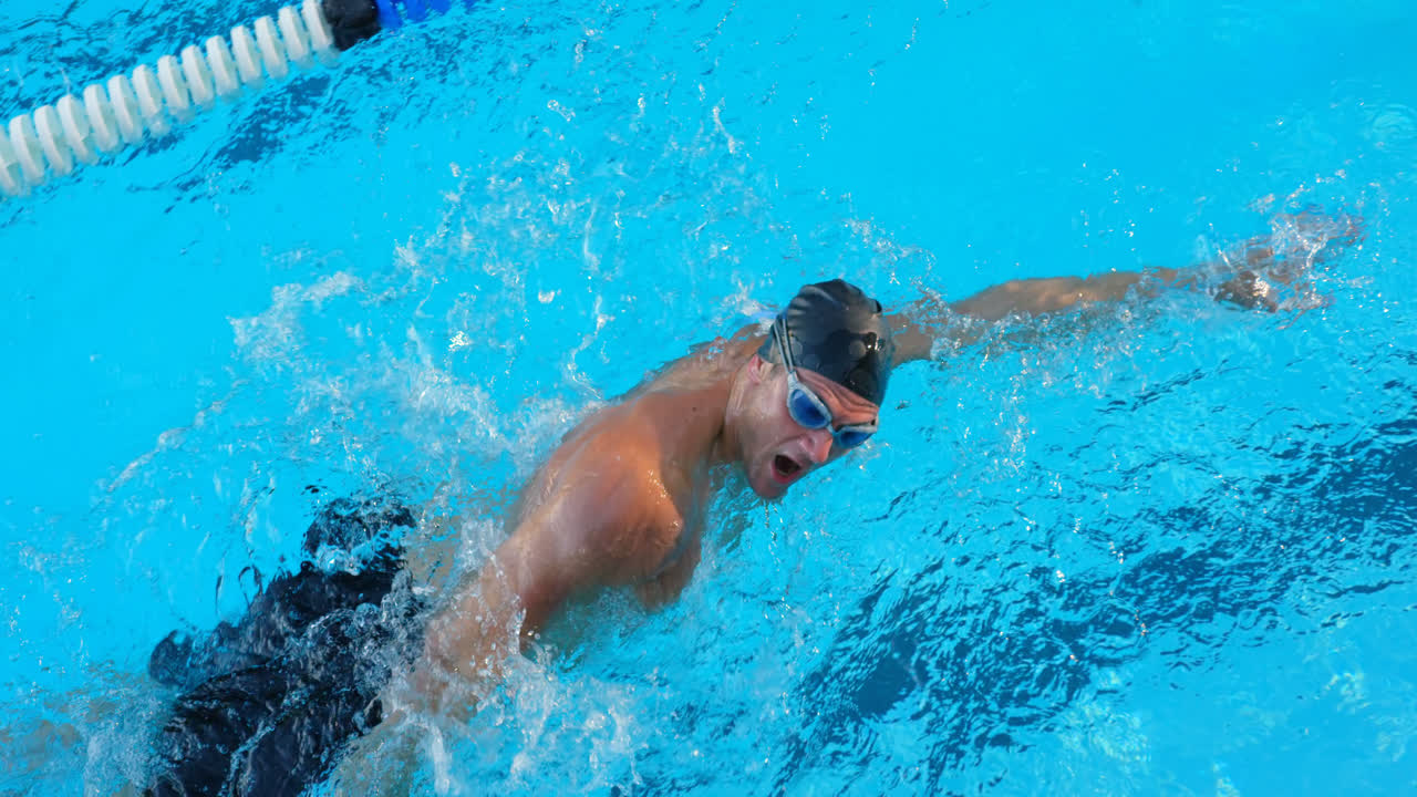 High angle view of male swimmer swimming inside pool 4k Premium Stock ...