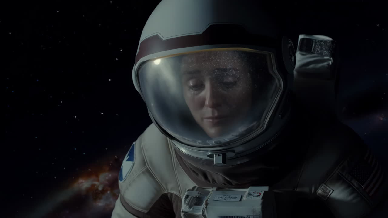 Woman Crying in Astronaut Helmet in Space with Star Reflection ...