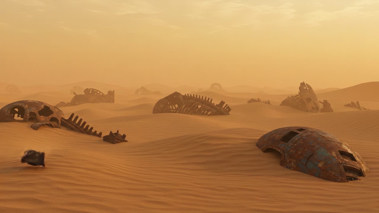 A haunting landscape of forgotten relics rises from the golden sands ...