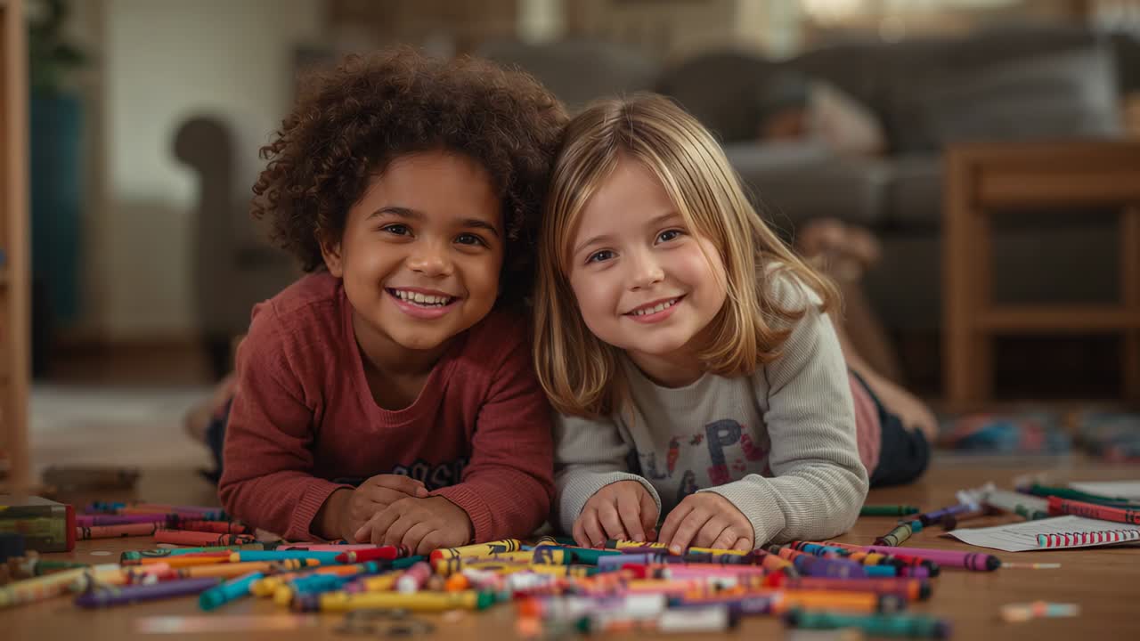 Spotting crayons, two kids reaching and sorting on living room floor ...
