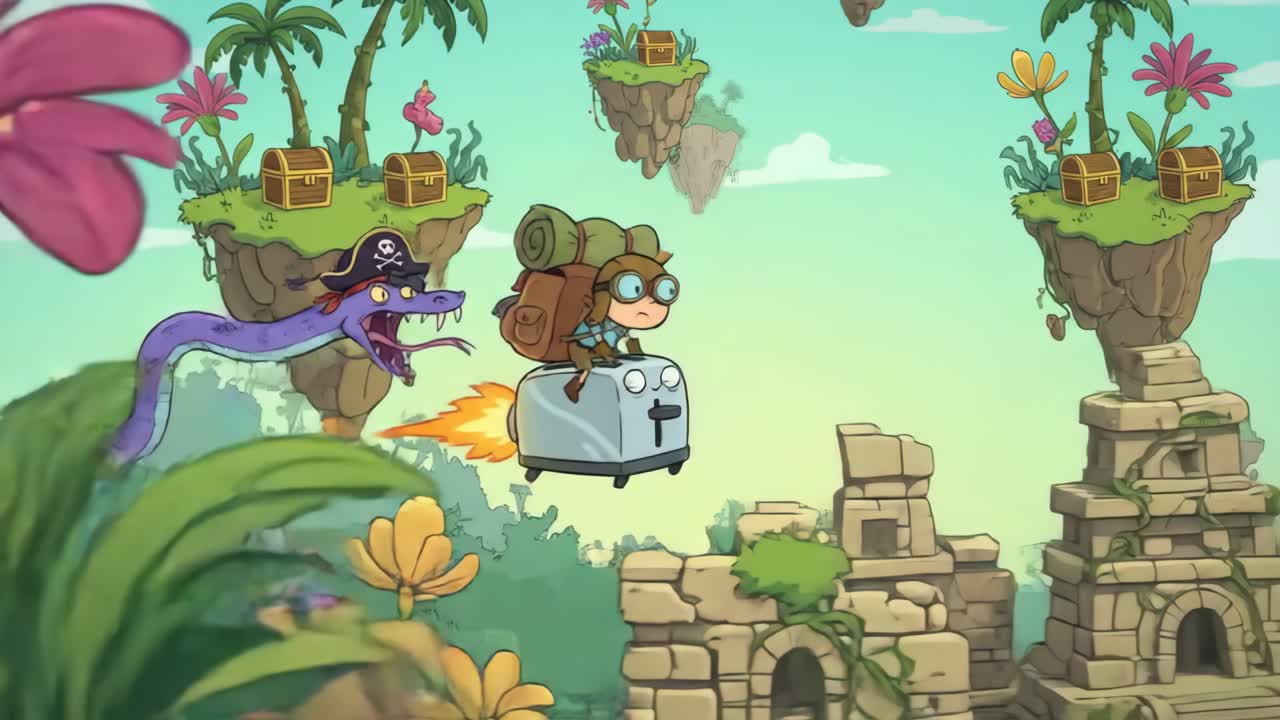 Animated Character Flying on Toaster Pursued by Pirate Snake | Premium ...