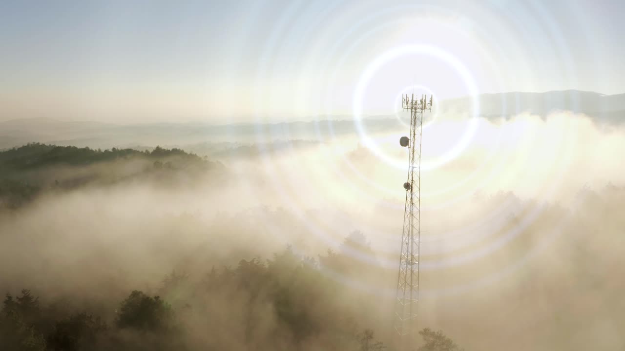 Premium stock video - Radio tower waves emitter cell phone tower animated cloud fog sunrise ...