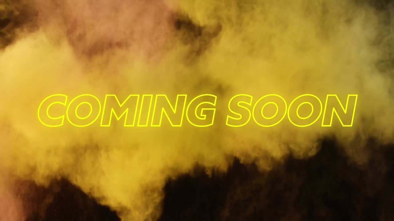 Premium stock video - Animation of coming soon neon text over smoke trails