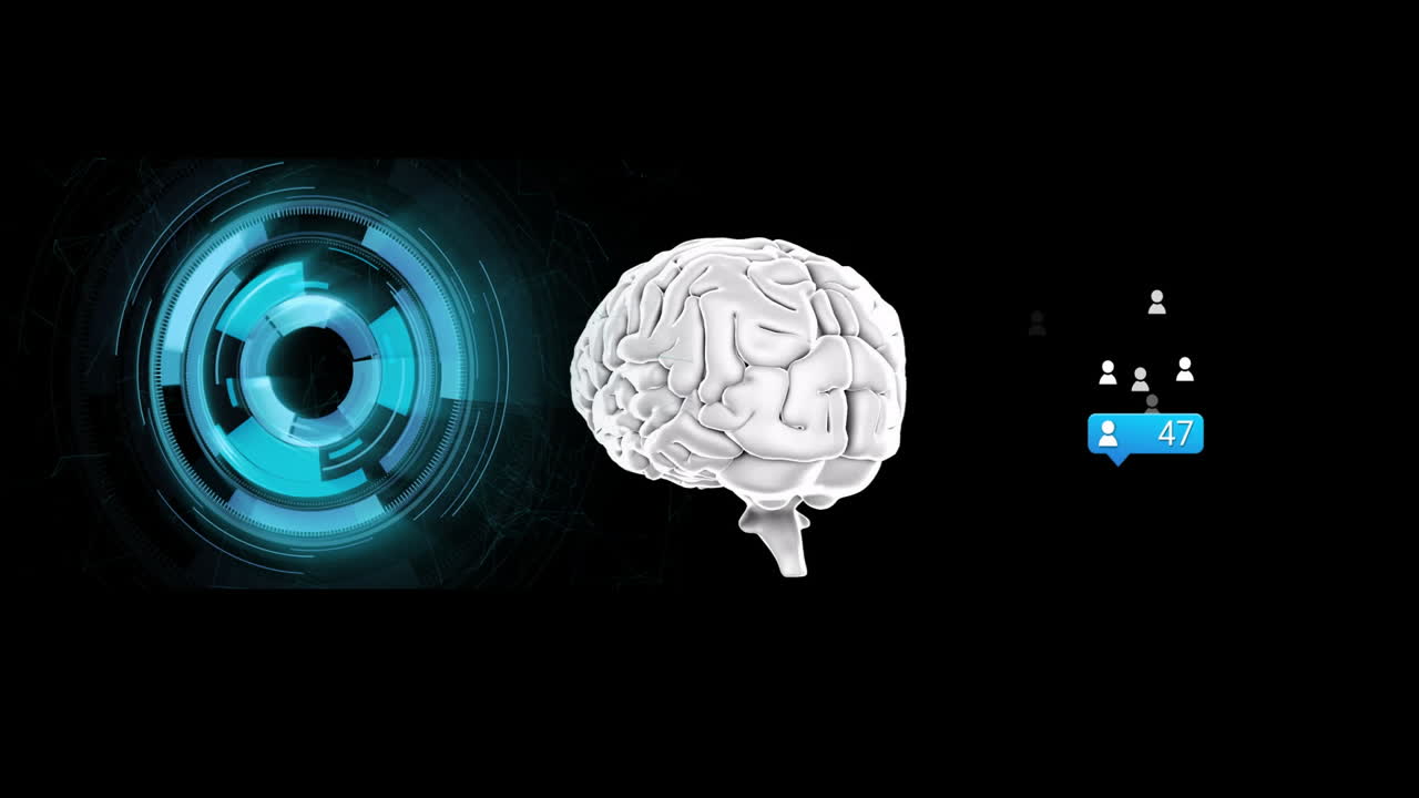 Animation Of Scope Scanning With Digital Brain And Icon With Growing Number On Black Background ...