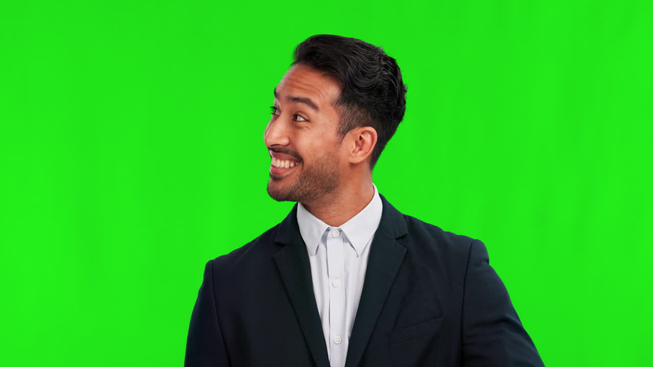 Premium stock video - Face, green screen and man with presentation
