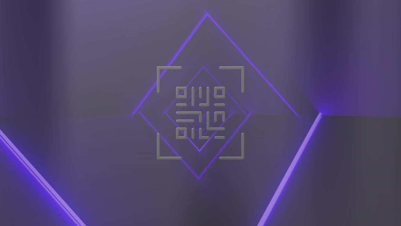 Animation of neon pink qr code scanner and light trails against blue ...